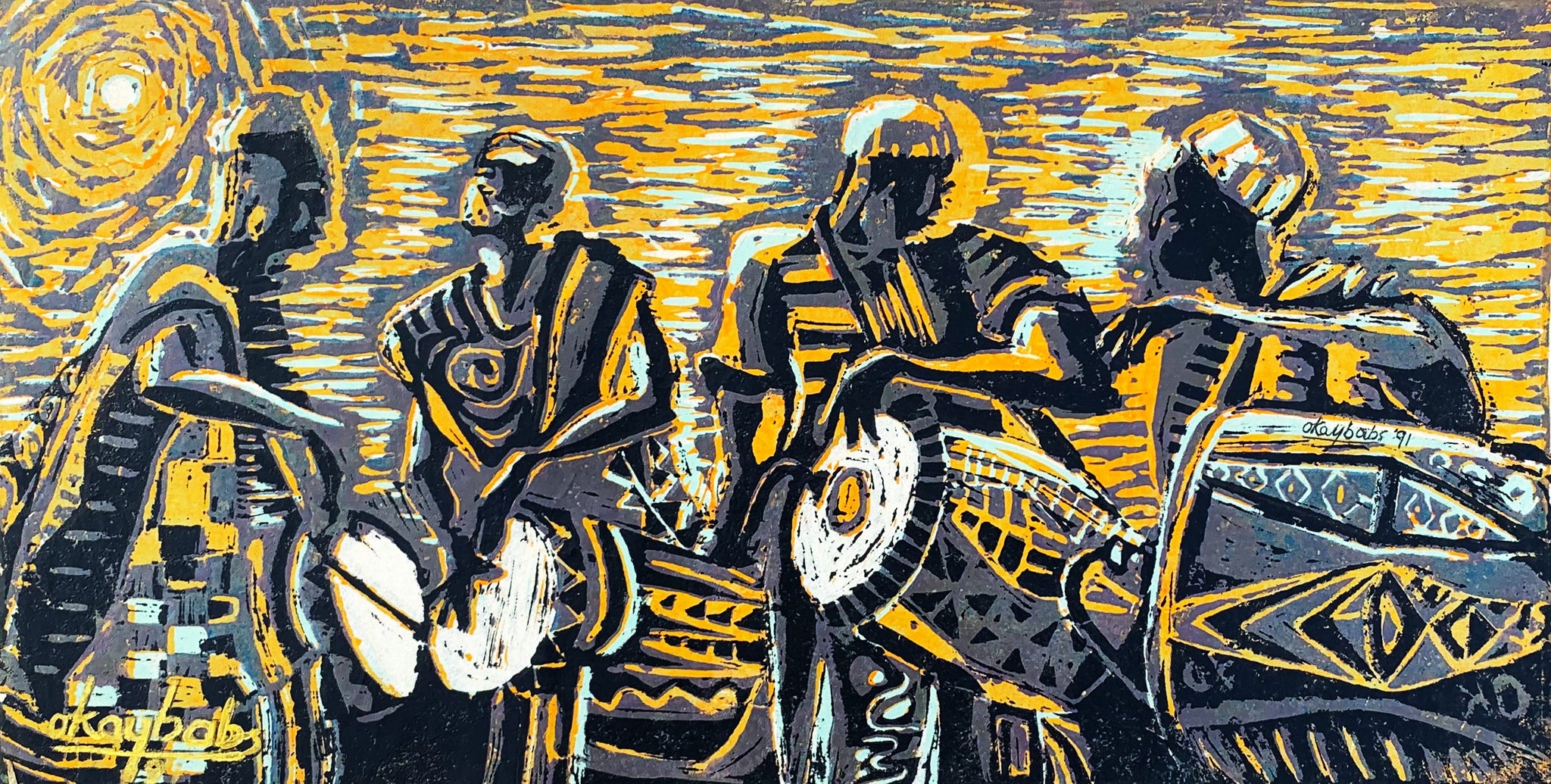 Four Drummers - Blue - Woodcut Original – Okaybabs Art